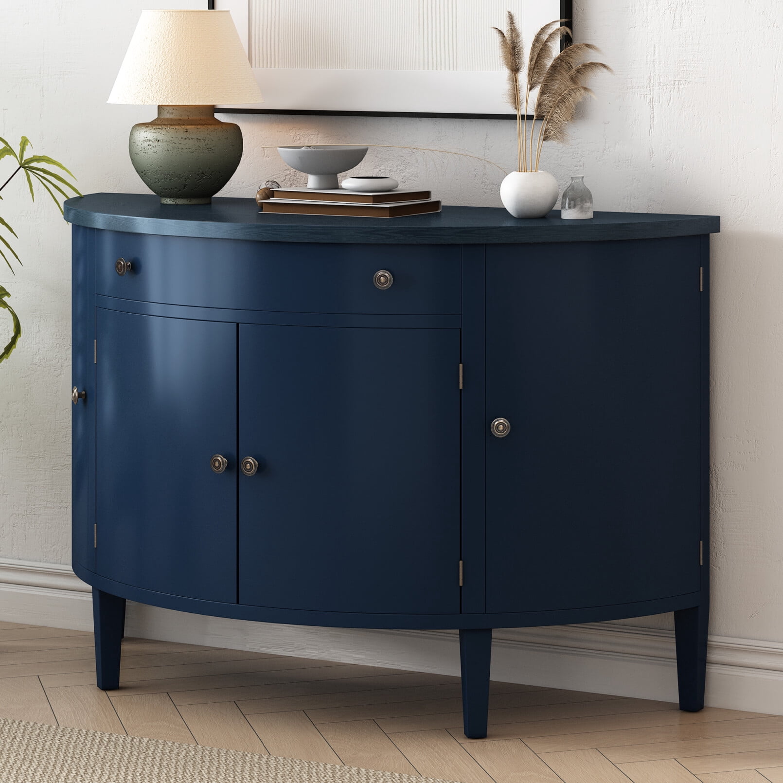 Curved Design Accent Storage Cabinet with 4 Doors, Solid Wood Console ...