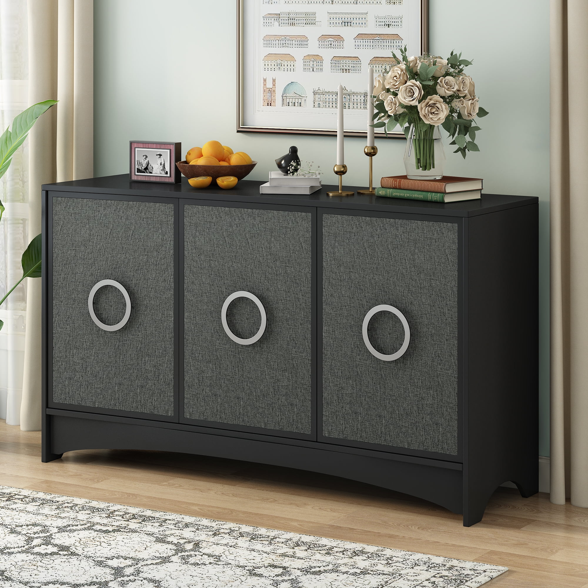Curved Design Sideboard Cabinet, Storage Cabinet with Three Doors and ...