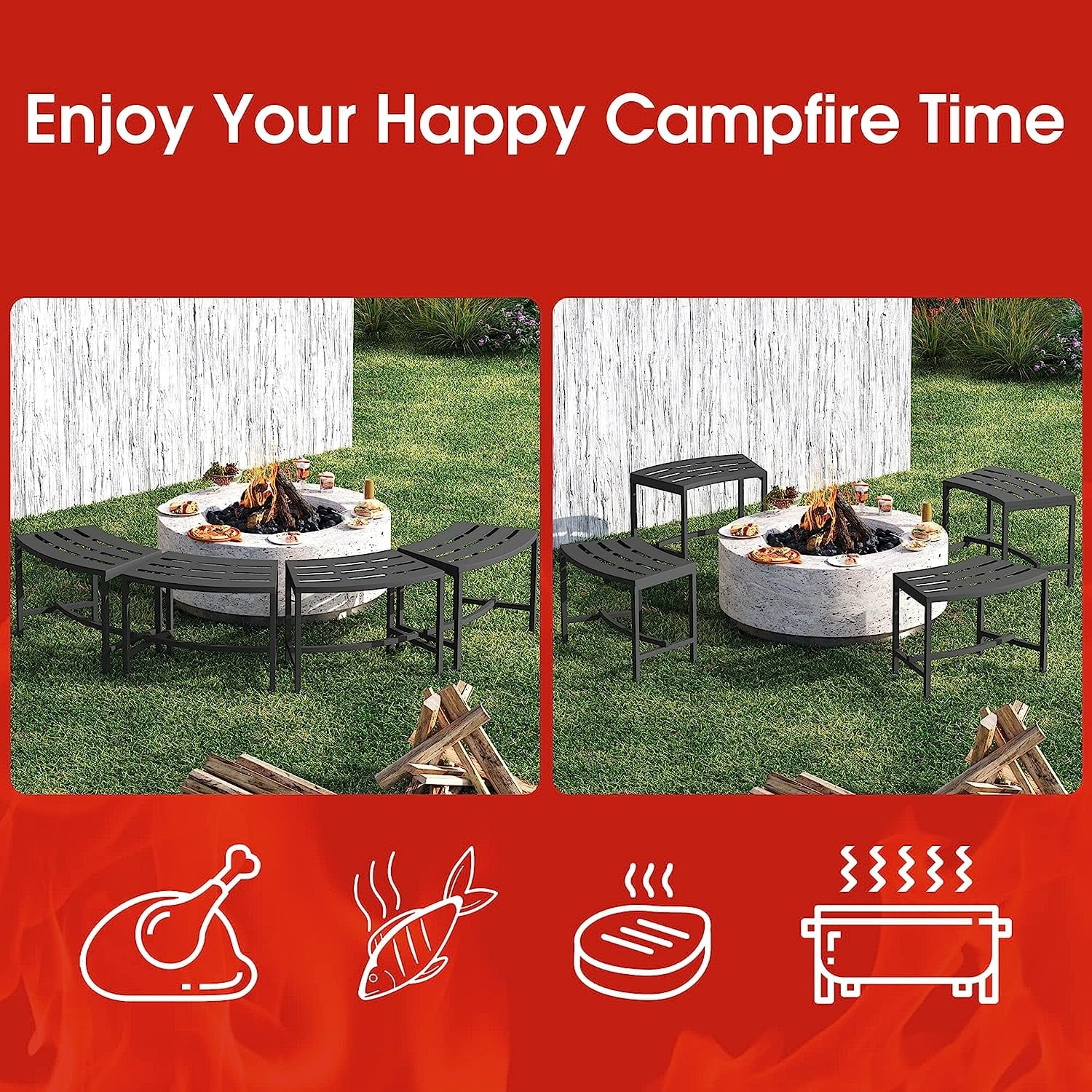 Curved Fire Pit Bench Set of 4,Metal Outside Bench Fire Pit Seating ...