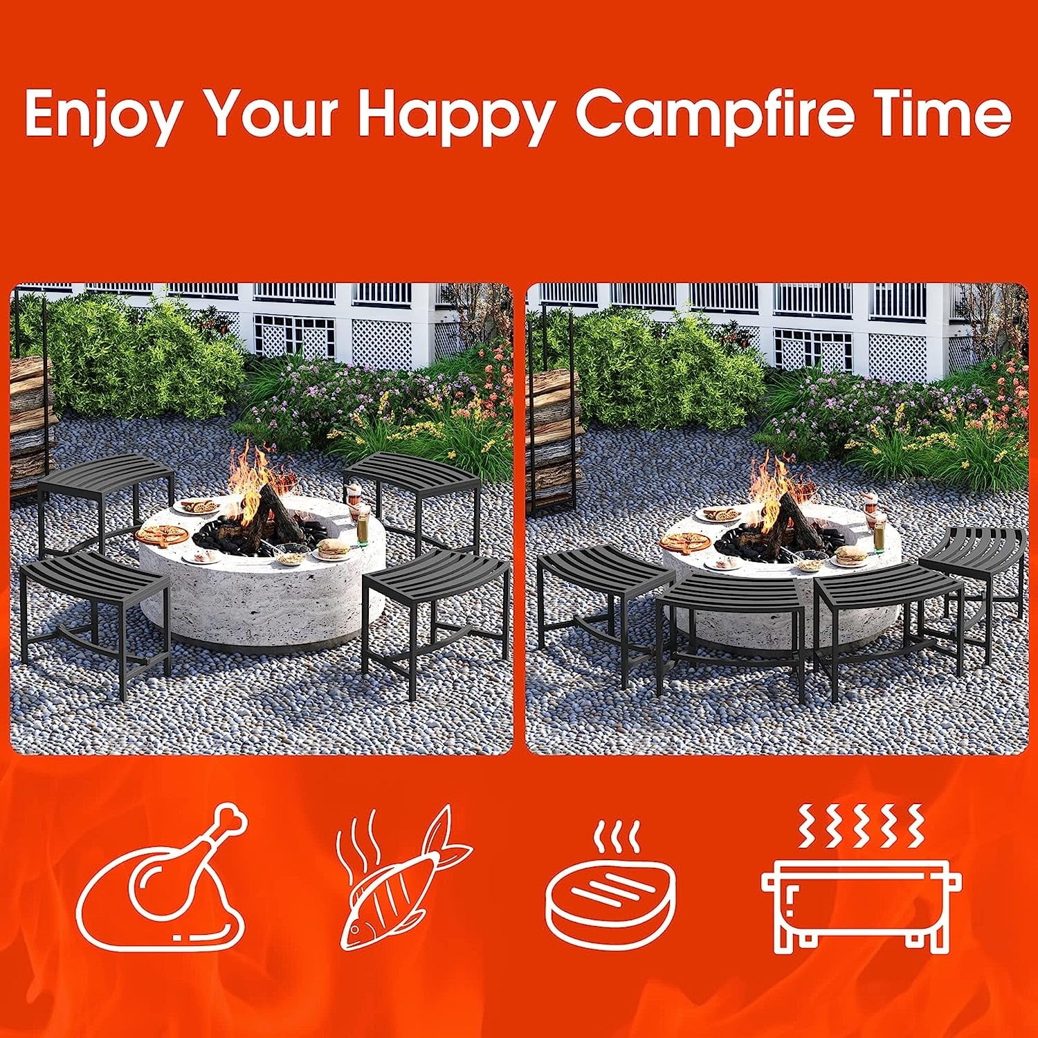 Curved Fire Pit Bench Set of 4,Metal Outside Bench Fire Pit Seating ...