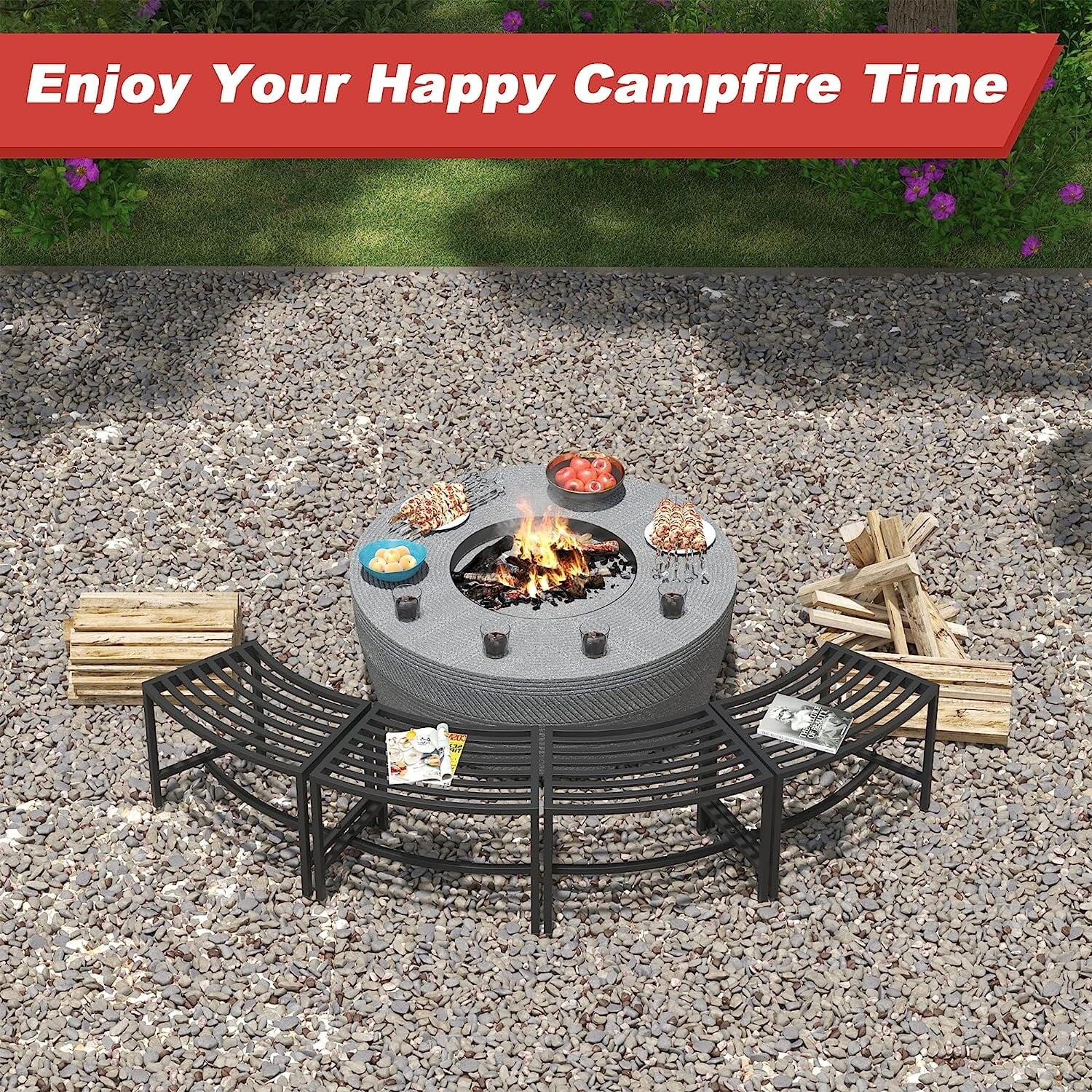 Curved Fire Pit Bench Set of 4,Metal Outside Bench Fire Pit Seating 8 ...