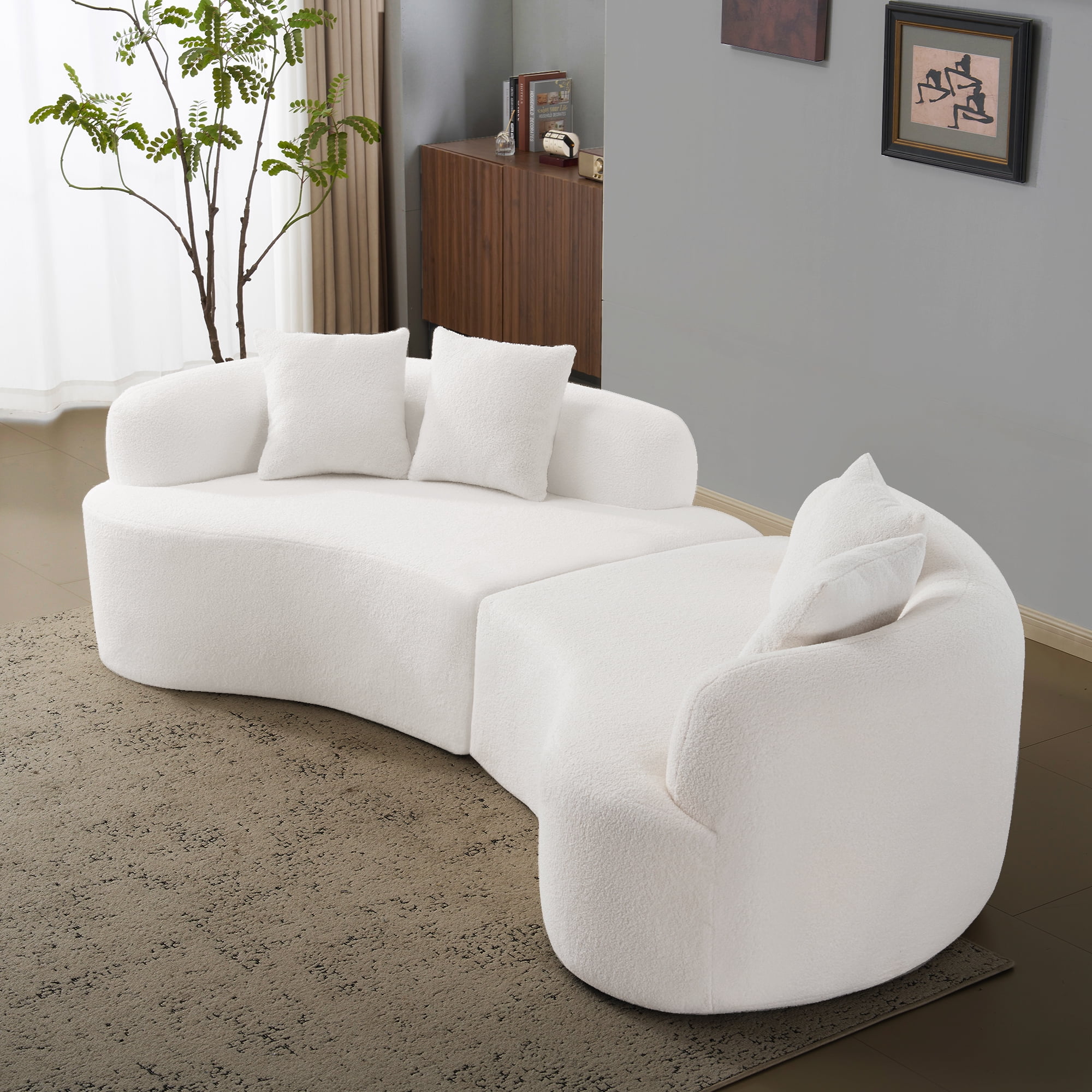 Curved Four Seater White Full Compression Sponge Sofa, Teddy Velvet ...