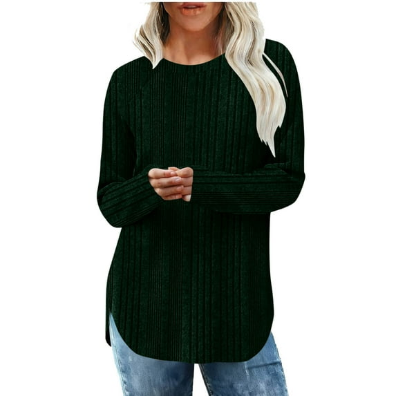 Curved Hem Tops for Women Ribbed Knit Round Neck Long Sleeve Pullover ...