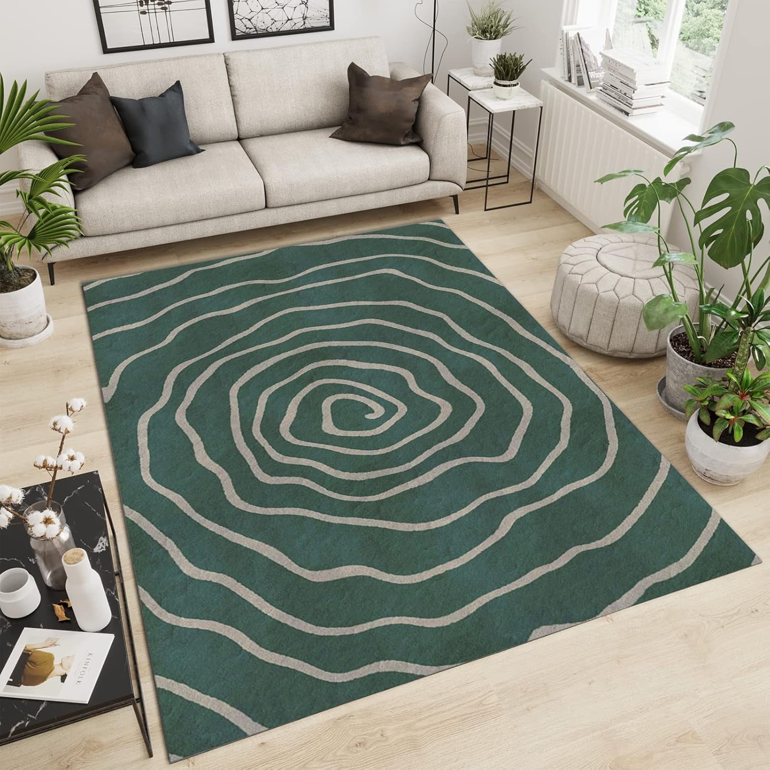 Curved Line Area Rugs, Green Background Carpet, Porch Mat Durable Fine ...