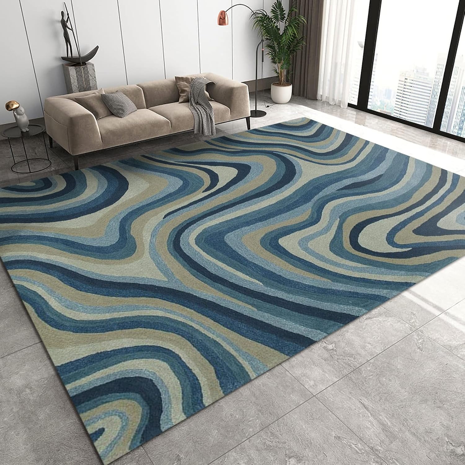 Curved Line Art Area Rugs, Marble Carpet, Porch Mat Durable Fine Pile ...