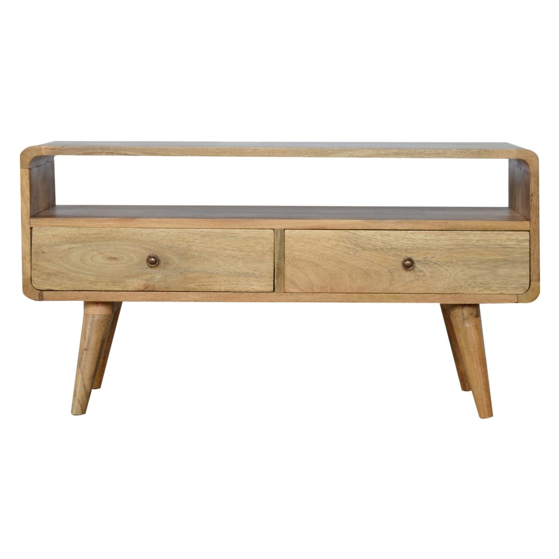 Curved Media Unit with Drawers / Solid Mango Wood, Oak Finish / Office ...