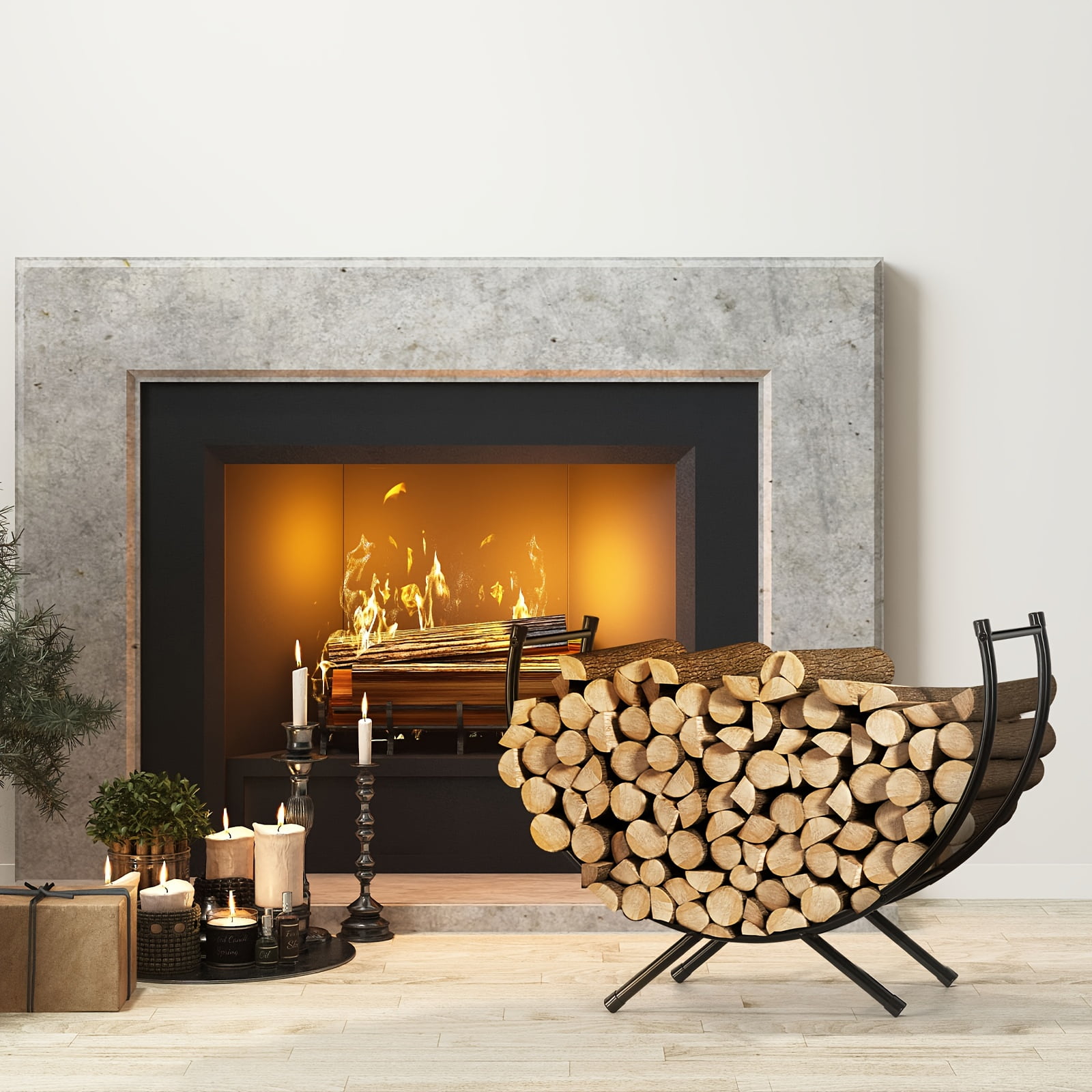 Curved Metal Firewood Rack - Powder Coated Log Holder with Space Saving ...