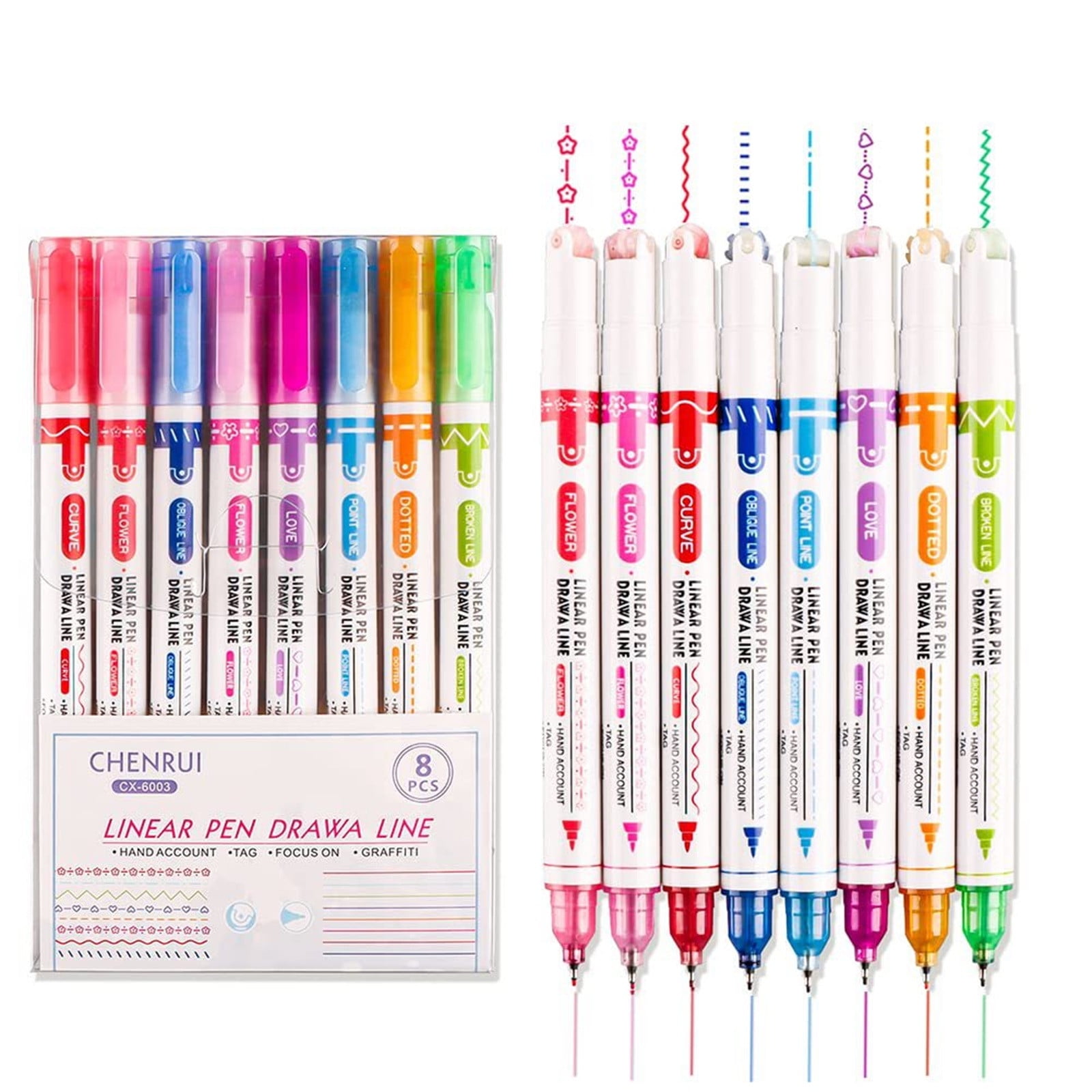 Curved Shape Outline Pen Set | 8 Colors | Quick Dry Roller Markers | 6 ...