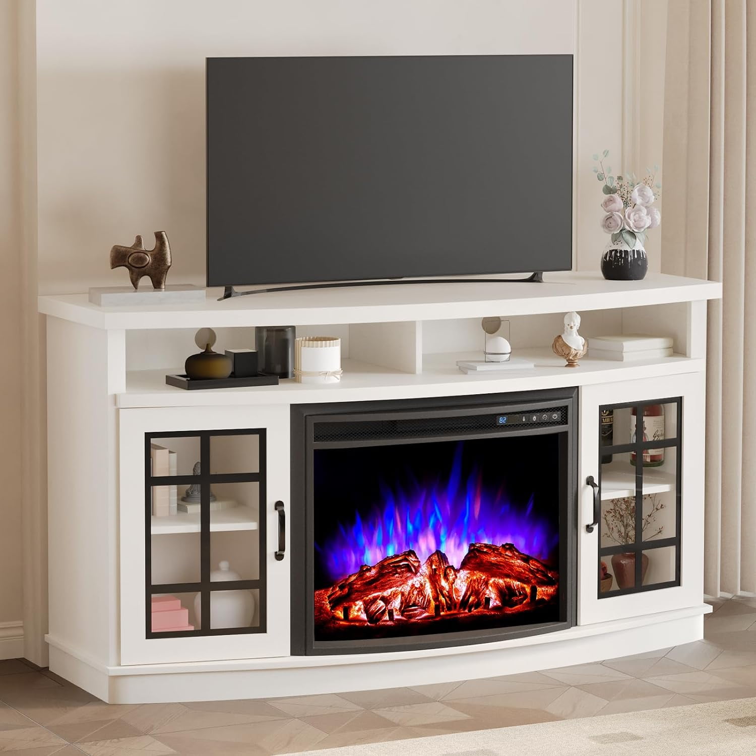 Curved TV Cabinet with 26" Electric Fireplace for TVs up to 65", Media ...