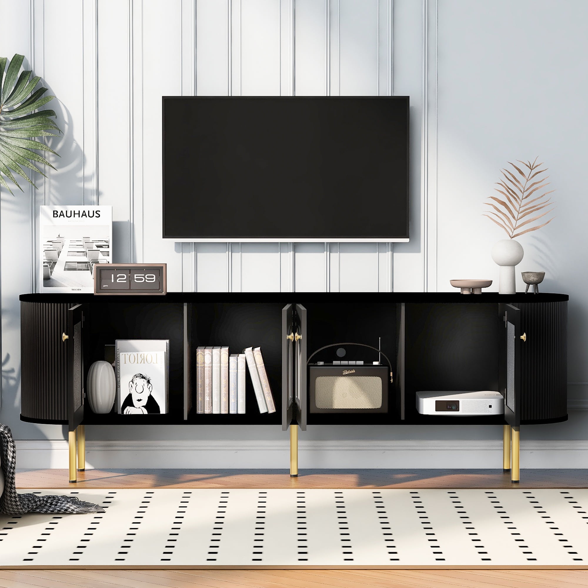 Television Stand with 4 Glass Doors, Modern Entertainment Center, Wood ...
