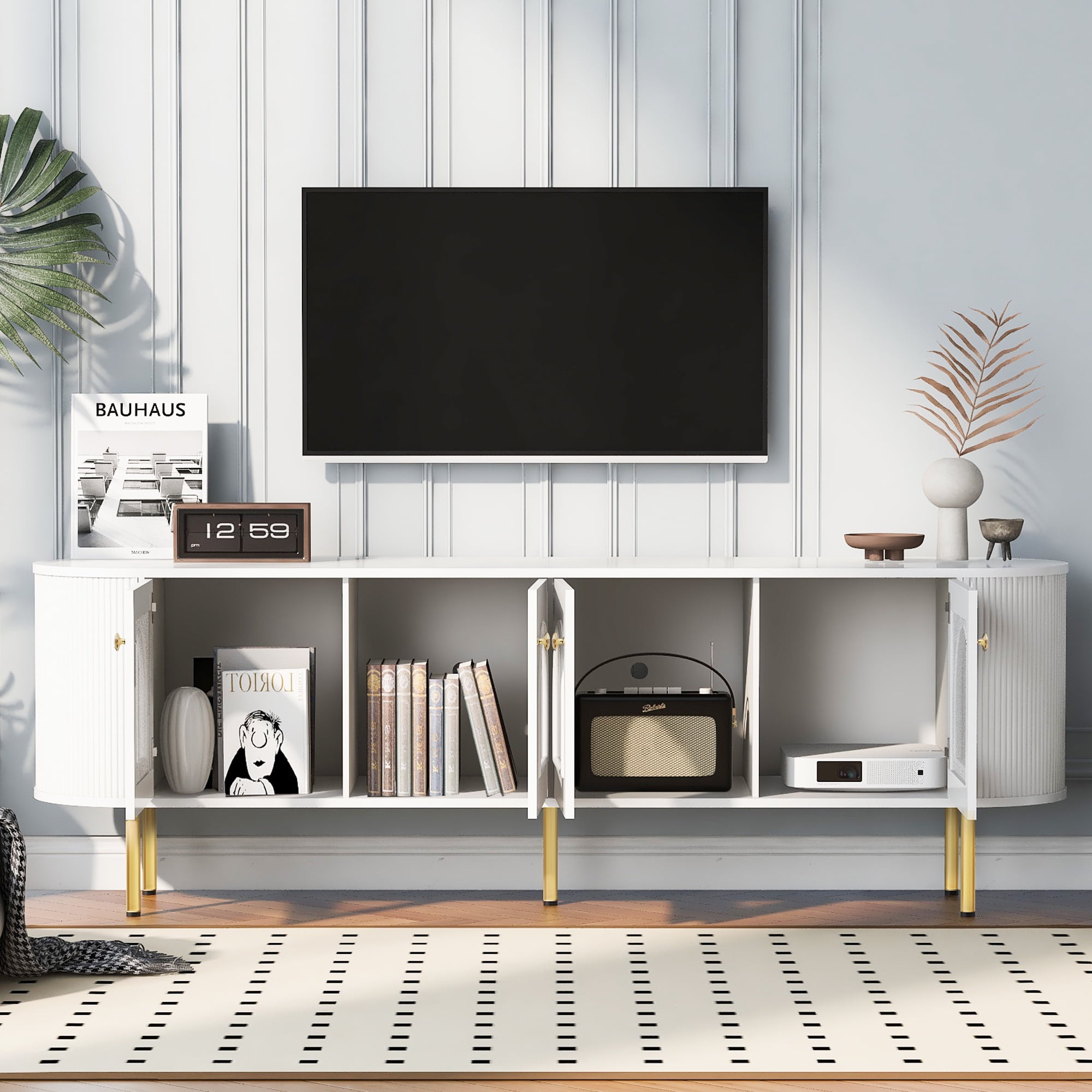Television Stand with 4 Glass Doors, Modern Entertainment Center, Wood ...