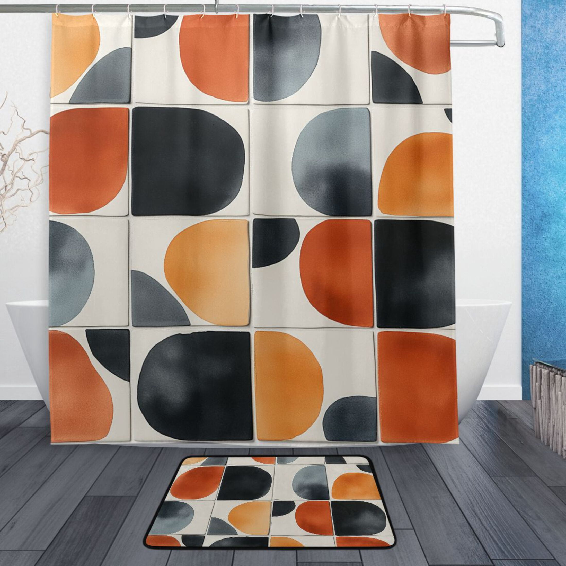 Curved Tile Patterns 2 Pcs Bathroom Shower Curtain Set with Bath Mat ...