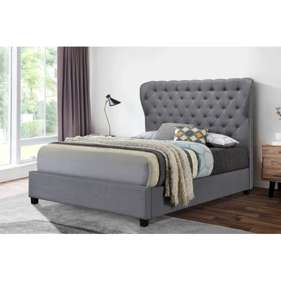 Curved Wing Back California King Size Platform Bed, Tufted Headboard ...