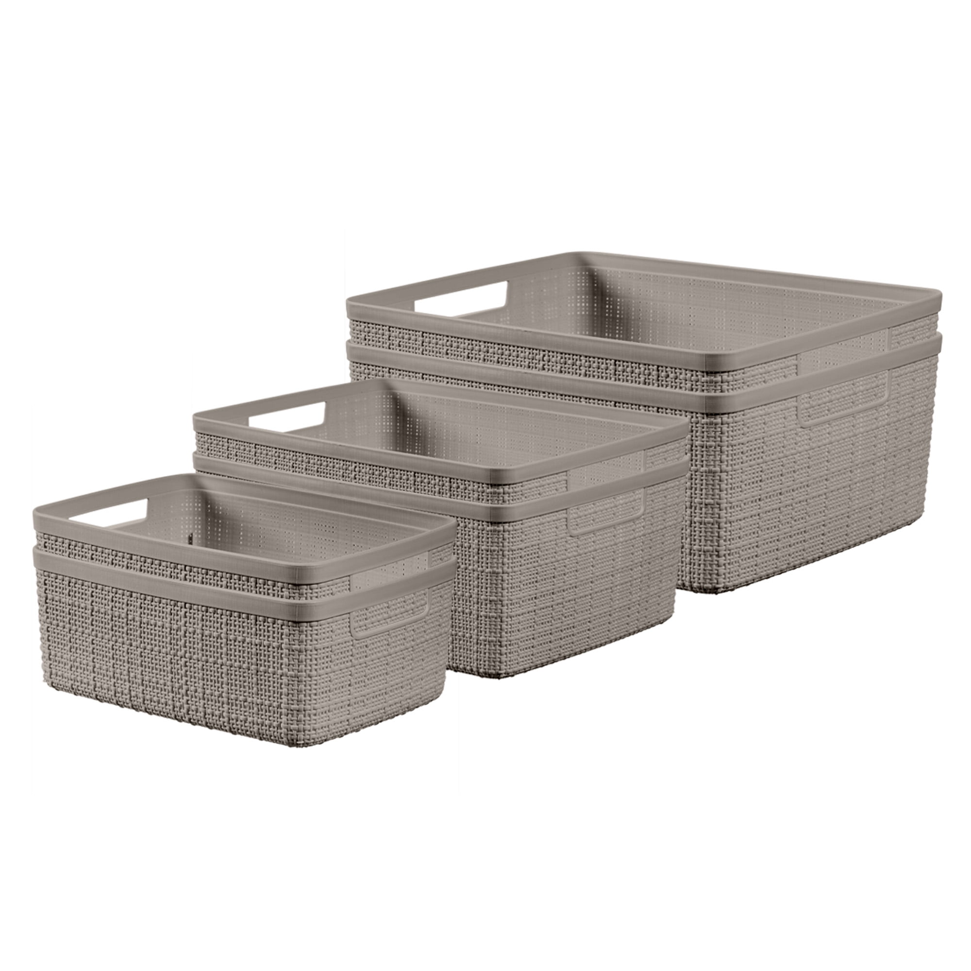 Curver Jute Basket 3pc Set, Resin Plastic Storage Bin, Warm Grey, 2 ...