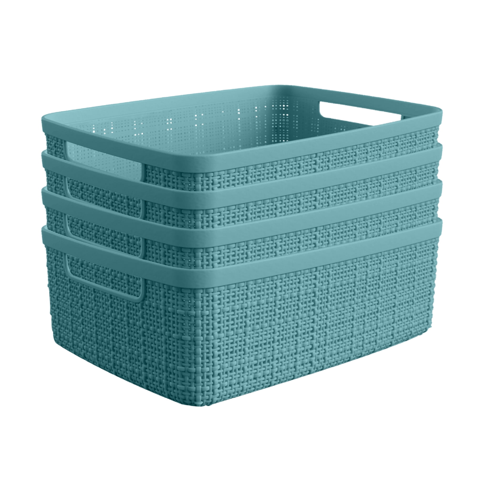 Curver Jute Small Basket, Resin Plastic Storage Bin, Aqua Slate, 4 Pack ...