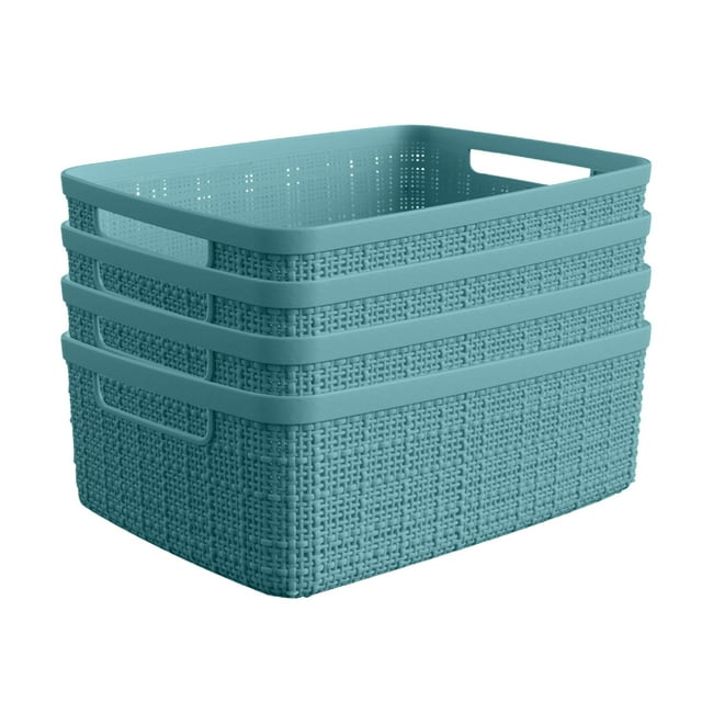 Curver Jute Small Basket, Resin Plastic Storage Bin, Aqua Slate, 4 Pack ...