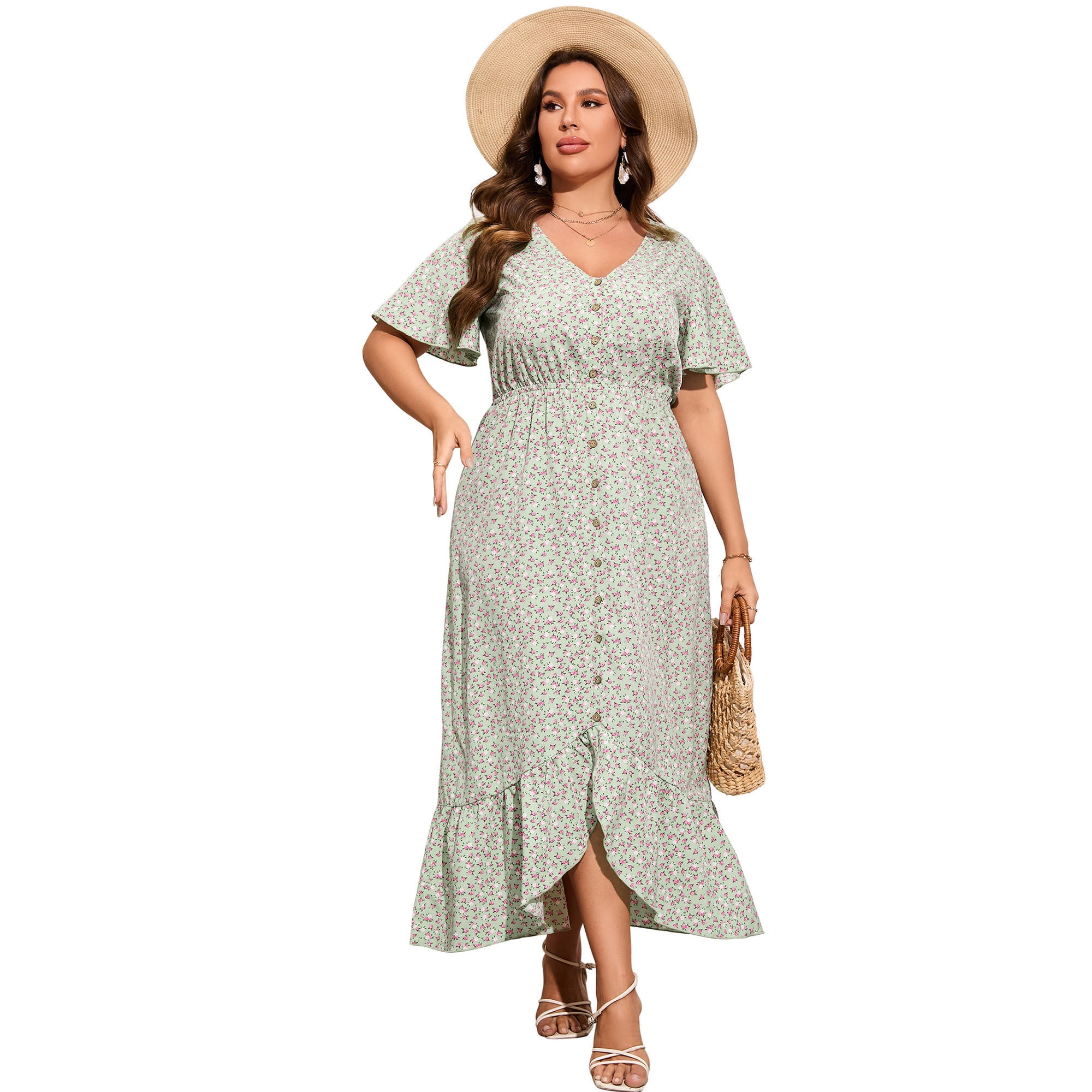 Curvy Women Plus Size Summer Dress Short Sleeve V Neck Button Ruffle ...
