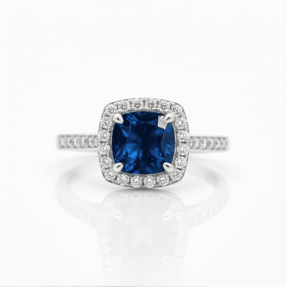Cushion Blue Sapphire & Diamond Halo Ring, Wedding Ring, Accent Stone ...