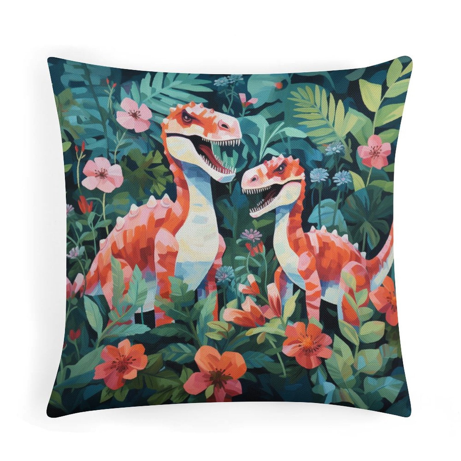 Cushion Case Dinosaur In The Jungle With Flowers Linen Cushion Case ...