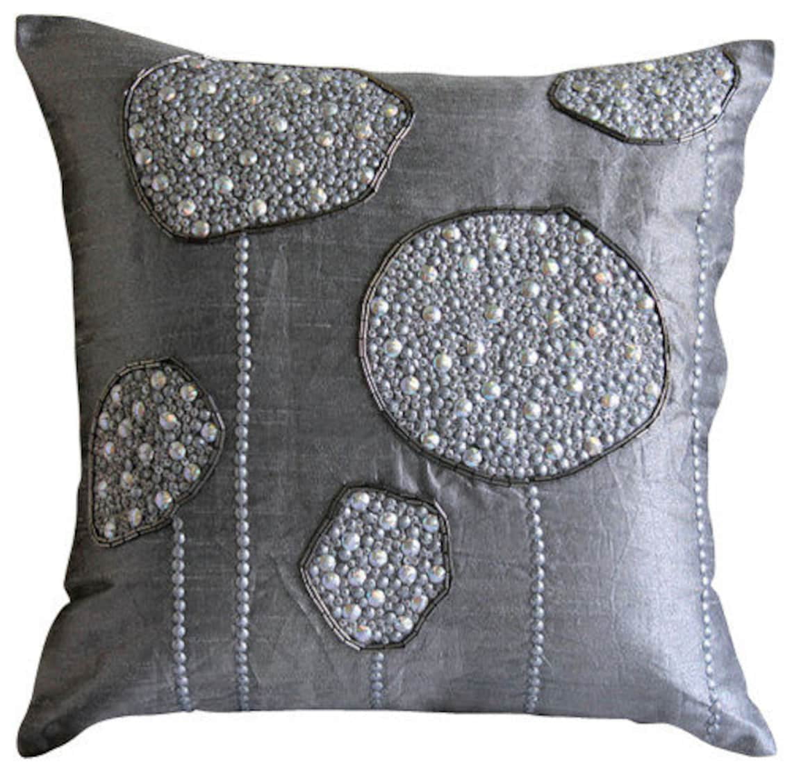 Cushion Cover Sofa, Grey Shams, 3D Metallic Sequins and Beaded Flower ...