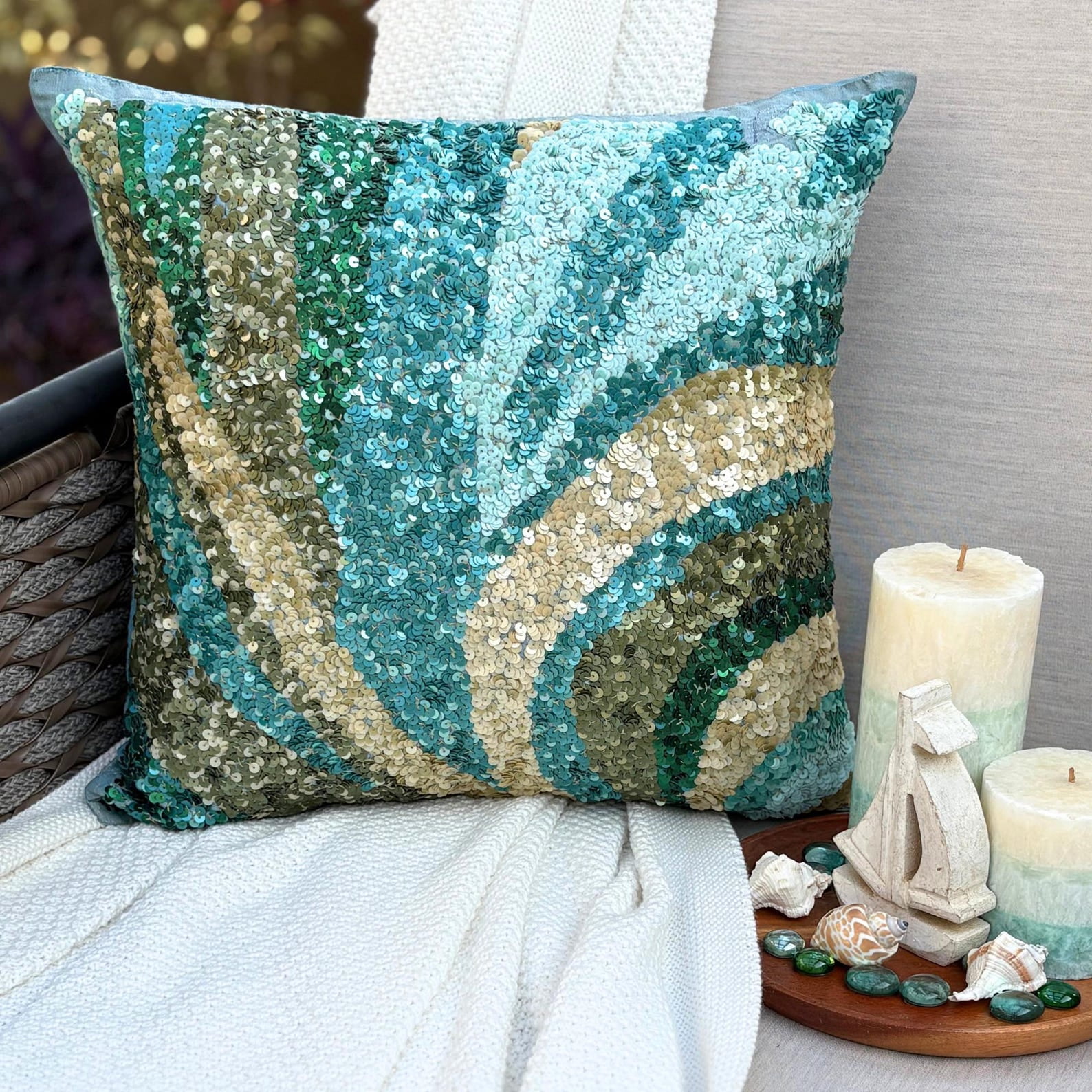 Cushion Covers, Light Blue Accent Pillow, Sequins Sea Waves Ocean Beach ...