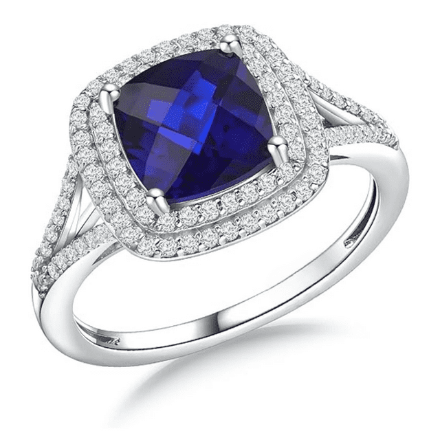 Cushion Cut Blue Sapphire & Diamond Engagement Ring in 925 sterling ...