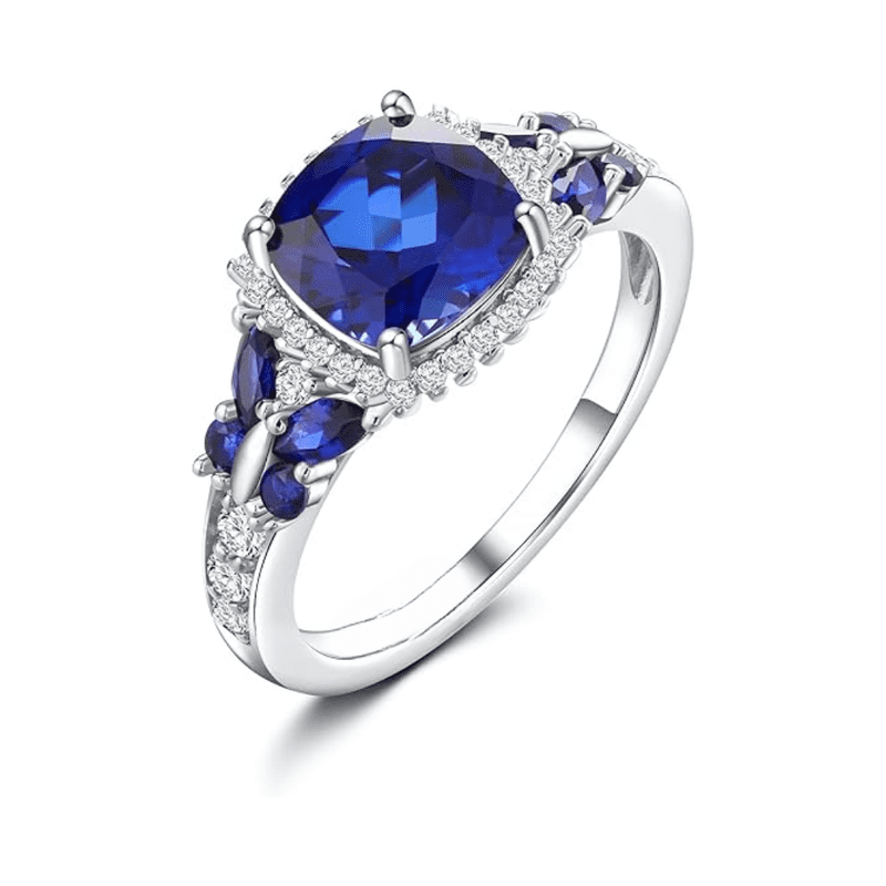 Cushion Cut Blue Sapphire & Diamond Wedding Ring in 925 Sterling Silver ...