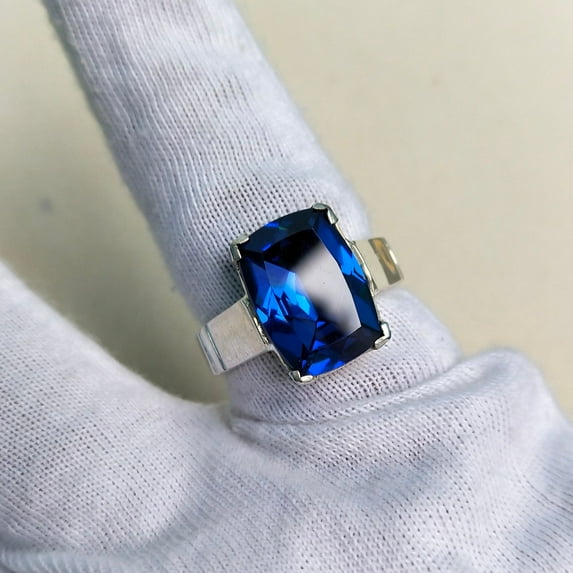Cushion-Cut Blue Sapphire Ring 925 Sterling Silver Created Sapphire ...