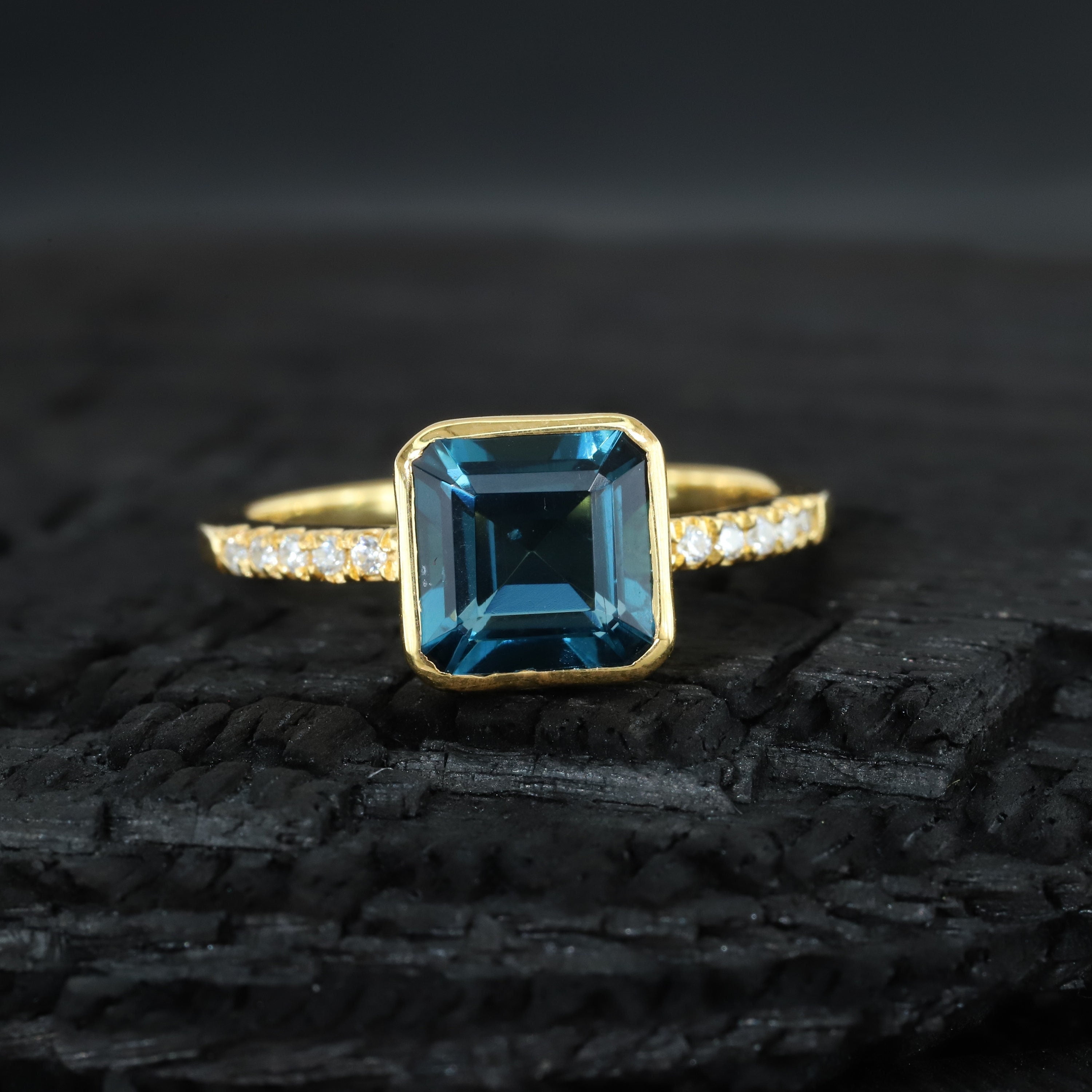 Cushion Cut Blue Topaz Engagement Ring, 18K Solid Gold Bridal Jewelry ...