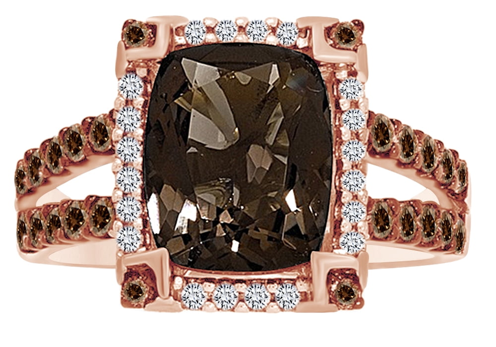 AFFY Cushion Cut Champagne & White Diamond Halo Engagement Ring In 14K ...