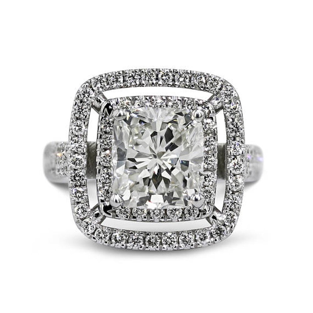 Cushion Cut Diamond Engagement Ring, Double Halo Diamond Ring, Dual Row ...