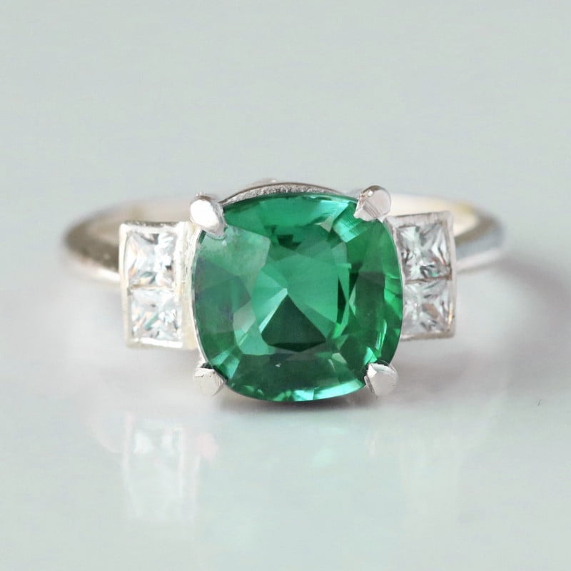 Cushion Cut Emerald Ring, Princess Diamond Ring, Vinatege Ring, 925 ...