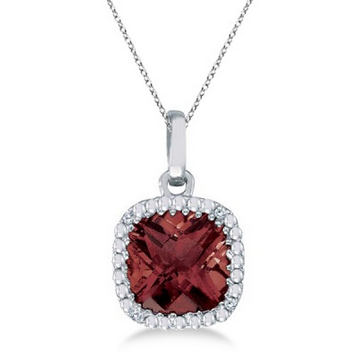Cushion-Cut Garnet and Diamond Pendant Necklace 14K White Gold (7mm ...