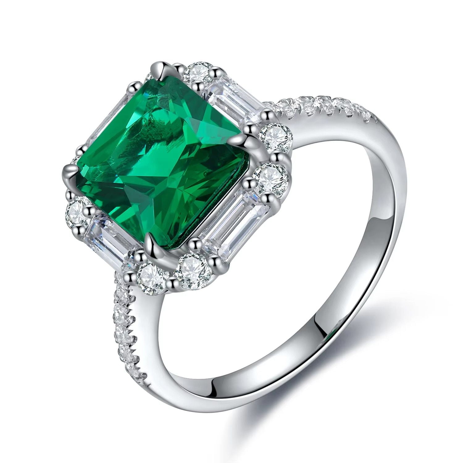 Cushion Cut Lab Created Emerald Green Gemstone and Moissanite Halo Engagement Ring in 925 ...