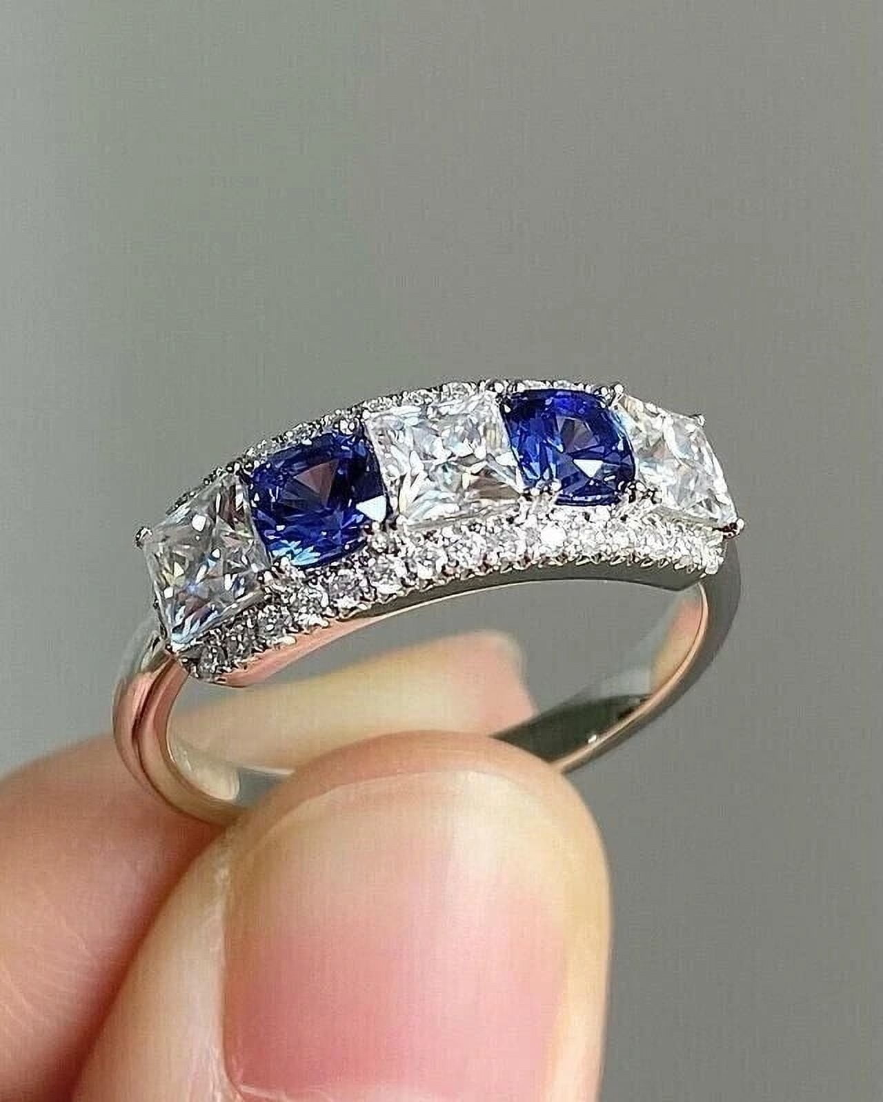 Cushion Cut Lab Created Sapphire Women's Pretty Wedding Ring 14K White ...