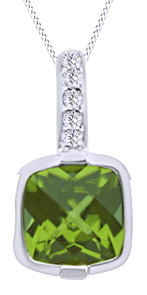 AFFY Cushion Cut Simulated Green Peridot With Natural Diamond Solitaire ...