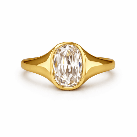 Cushion Cut Solitaire Diamond Engagement Ring, Bezel Set Diamond Signet ...