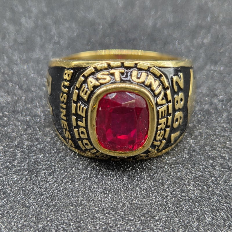 Cushion Cut Vintage 1982 University Class Ring Gold Plated Red Ruby ...