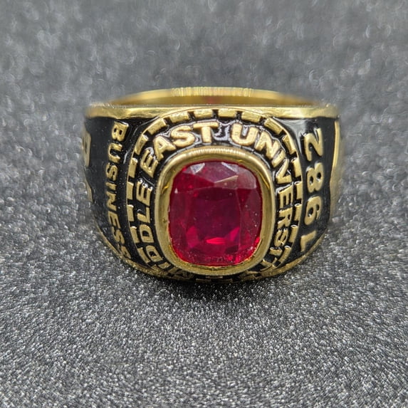 Cushion Cut Vintage 1982 University Class Ring Gold Plated Red Ruby ...