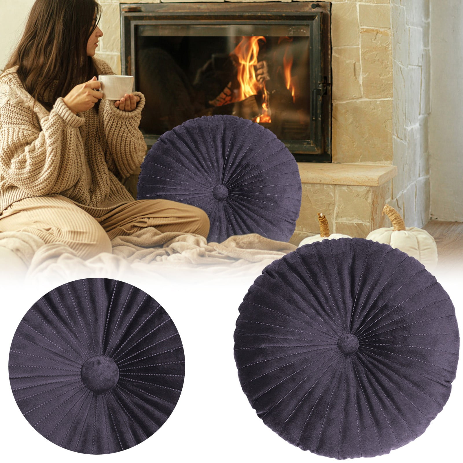 Cushion,Cute Velvet Round Throw Pillow Decorative Round Pleated Throw ...