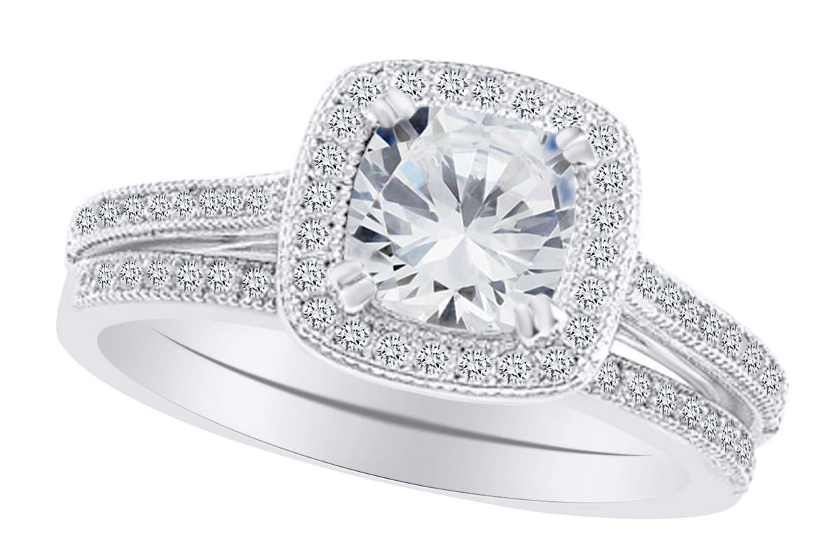 AFFY Cushion & Round Shape White Cubic Zirconia Wedding Halo Ring In ...