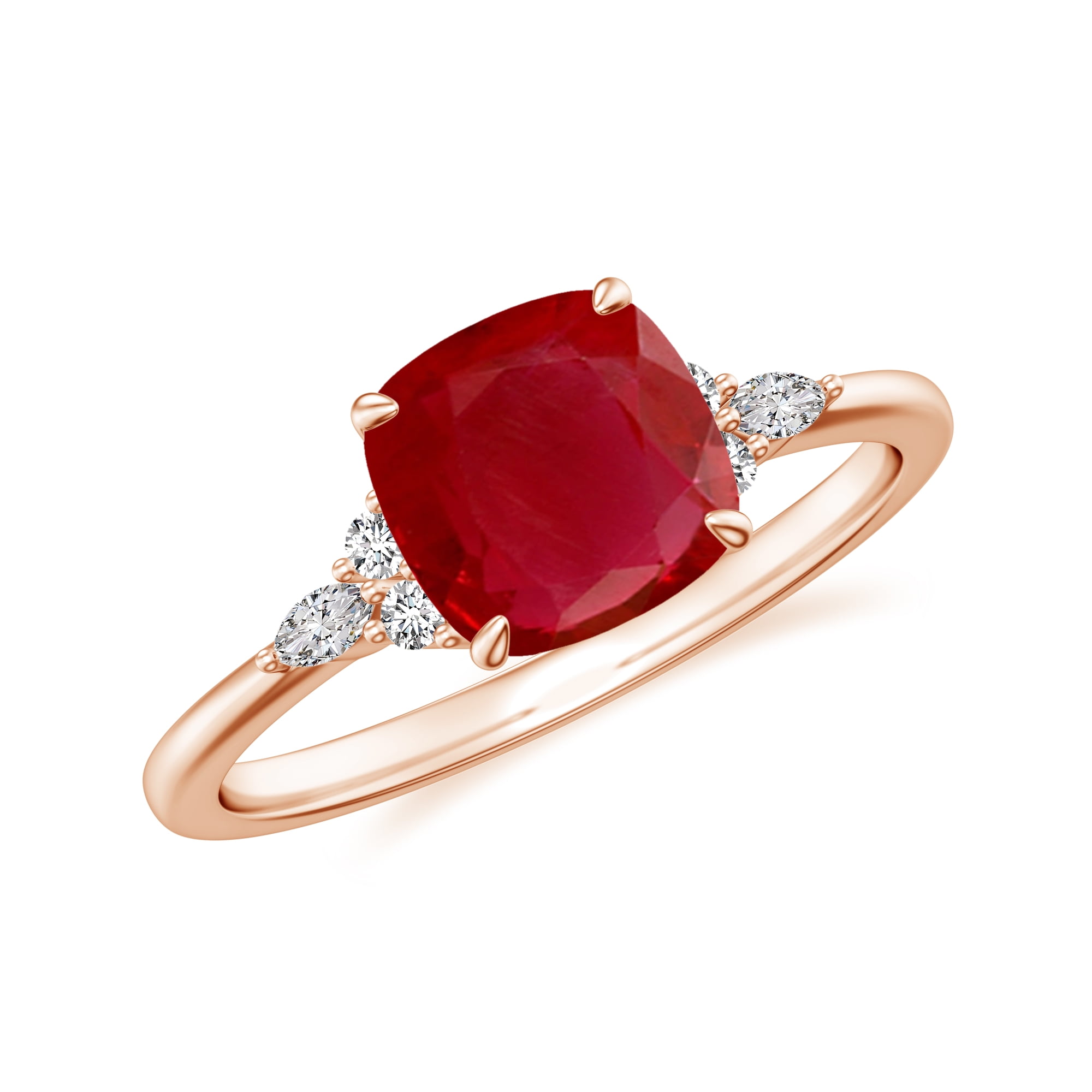 Cushion Shaped Ruby Side Stone Engagement Ring with Moissanite in ...