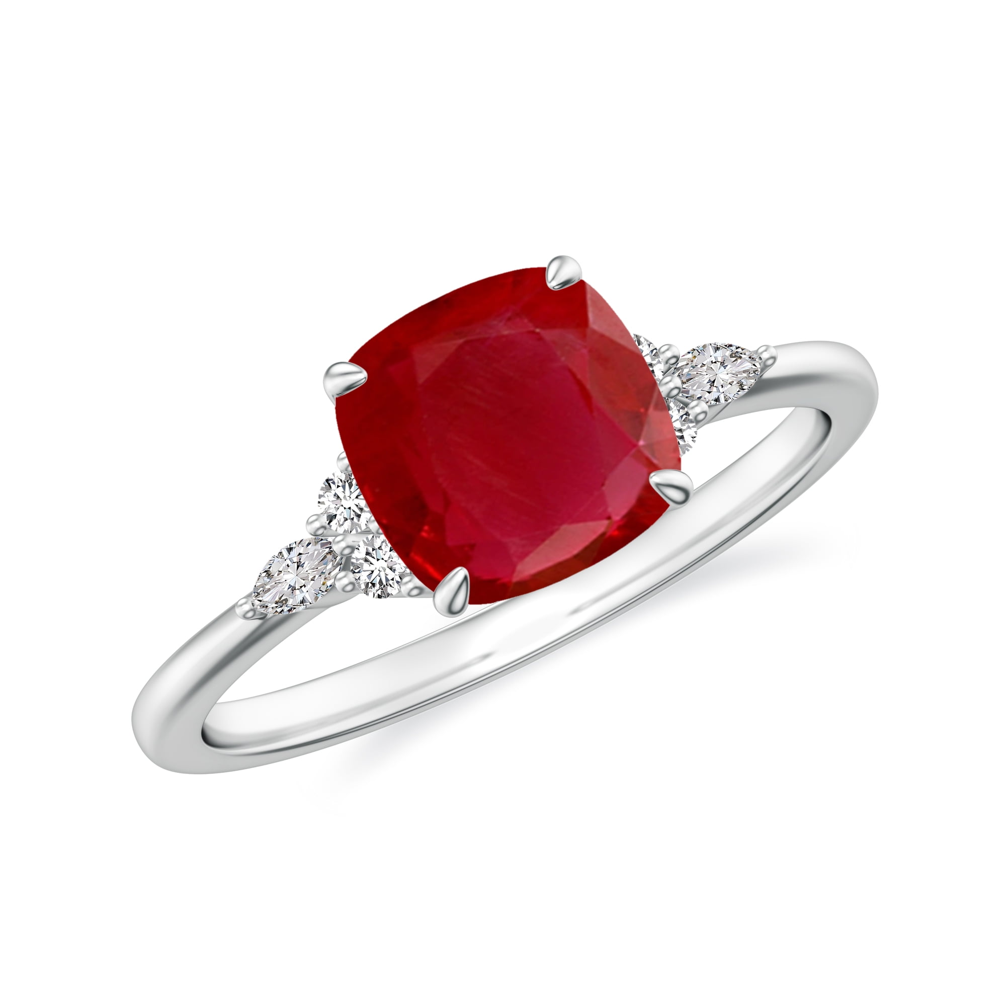 Cushion Shaped Ruby Side Stone Engagement Ring with Moissanite in ...