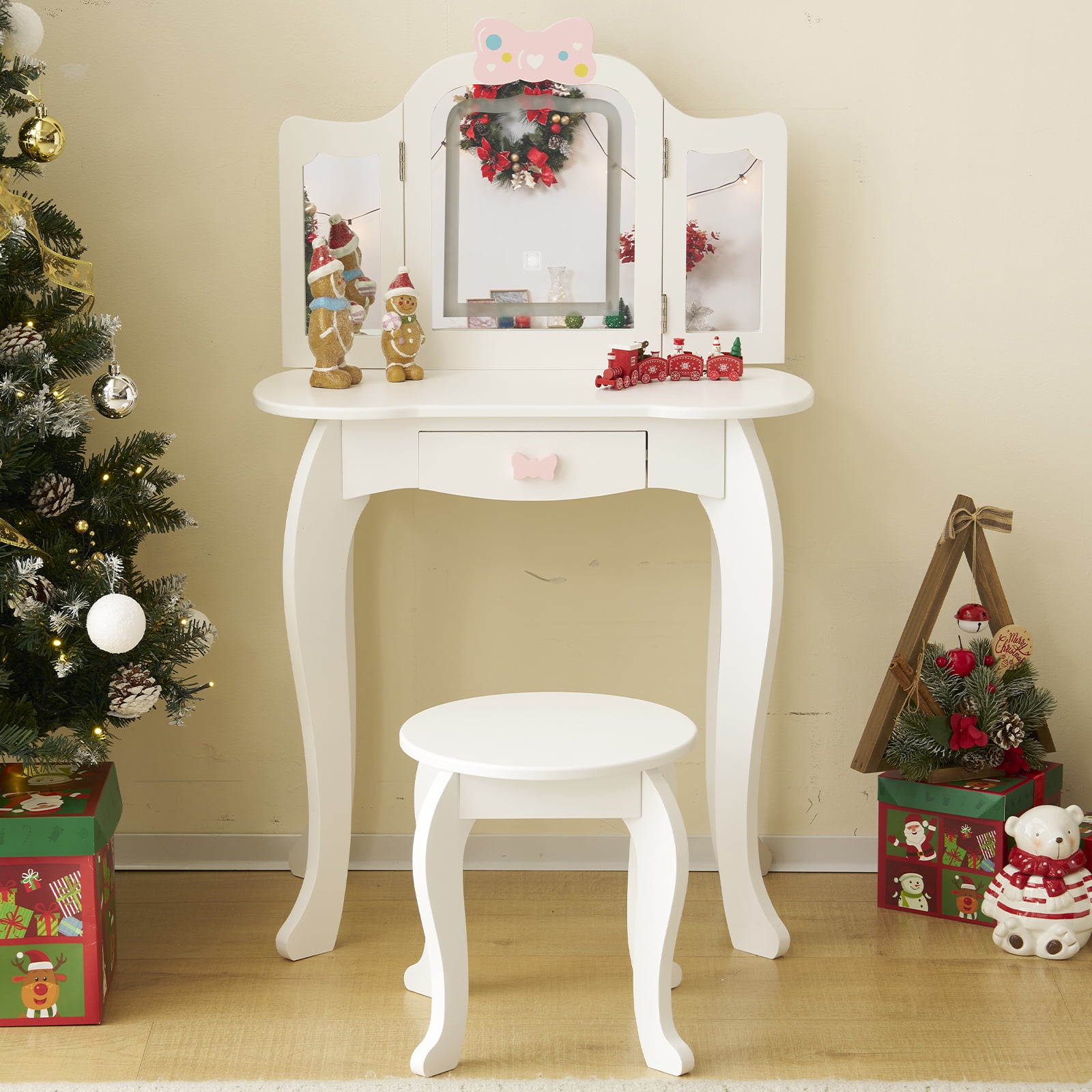 Cushioned Kids Vanity Table and Chair Set, 2-in-1 Girls Vanity with Tri ...