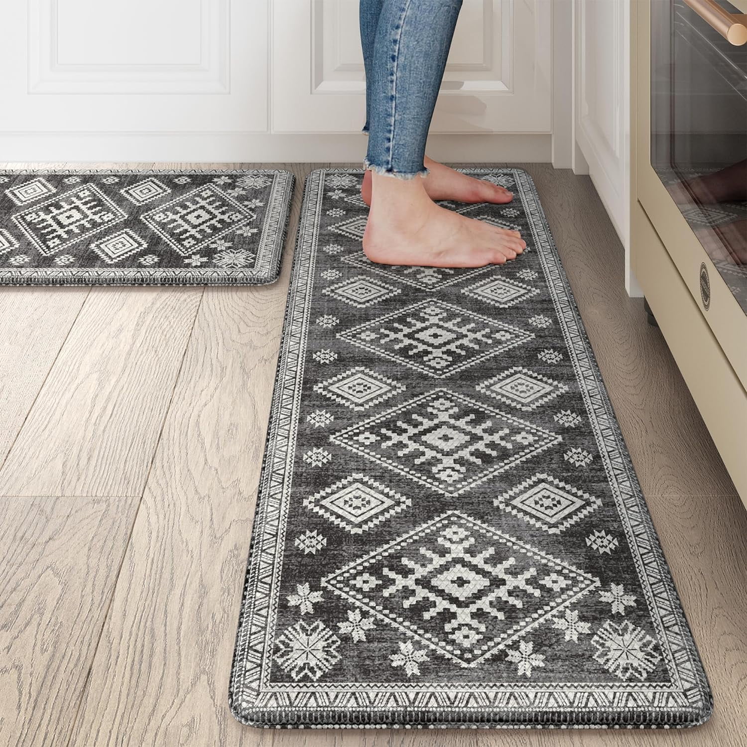 Cushioned Kitchen Floor Mats, Non Slip Kitchen Rugs Set of 2, Black ...