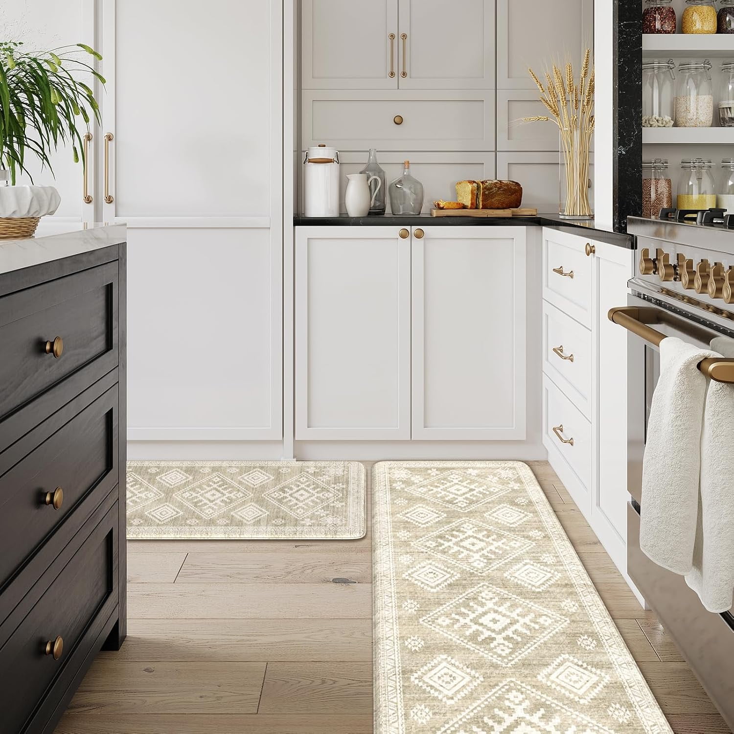 Cushioned Kitchen Floor Mats, Non Slip Kitchen Rugs Set of 2, Tan Anti ...