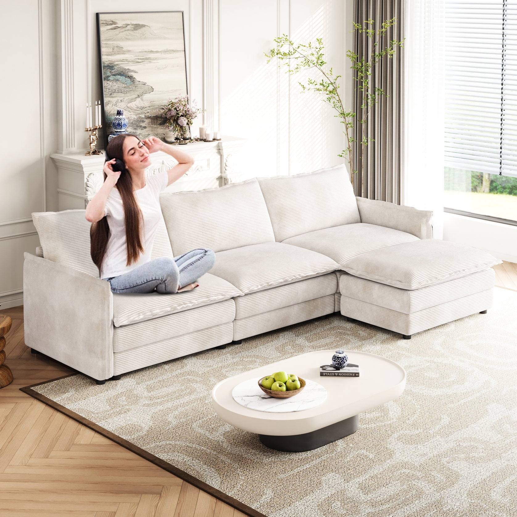 Cushioned Thick Foam | L - Shaped Sectional Sofa with Ottoman ...