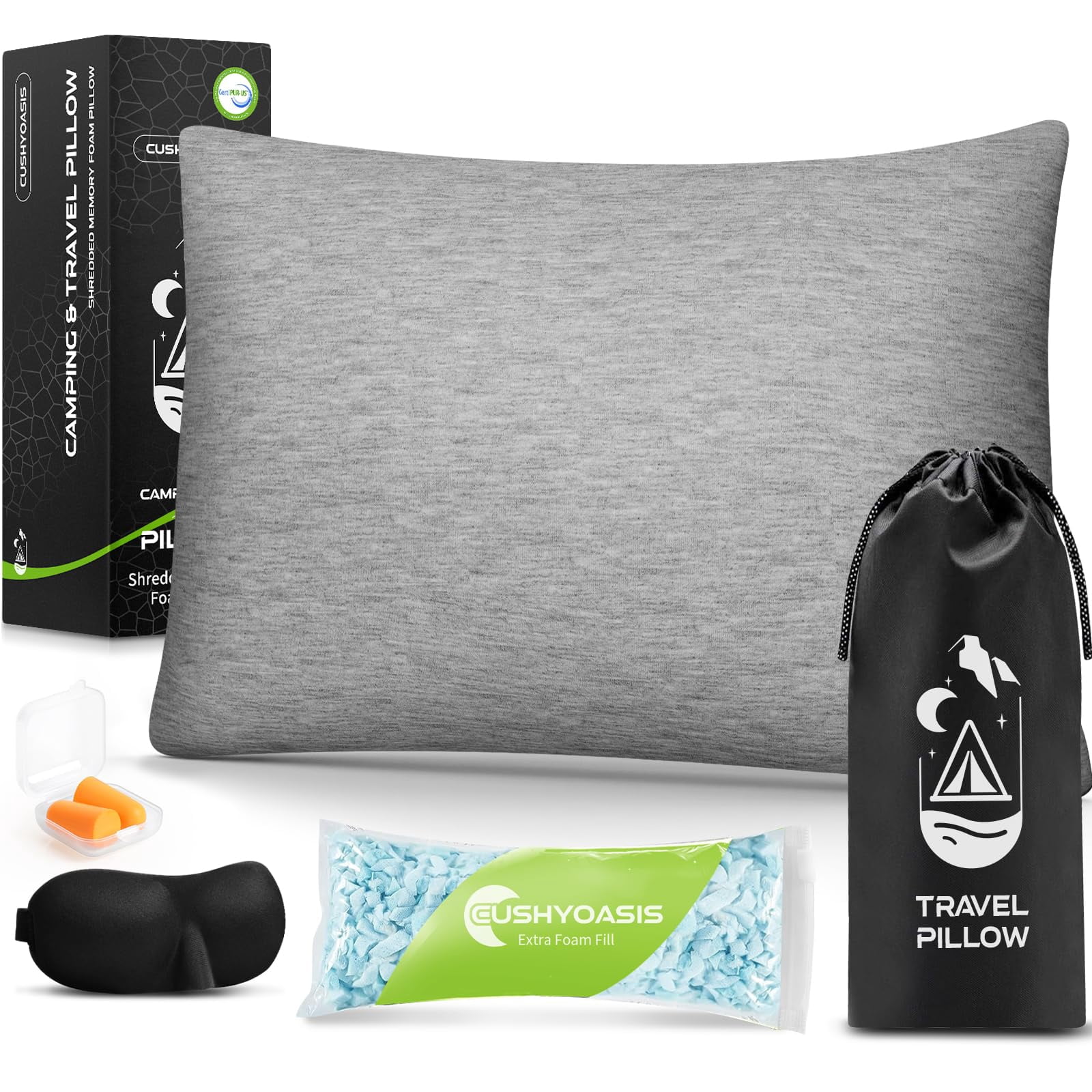CushyOasis All-in-1 Camping Pillow Set - Shredded Memory Foam Small ...