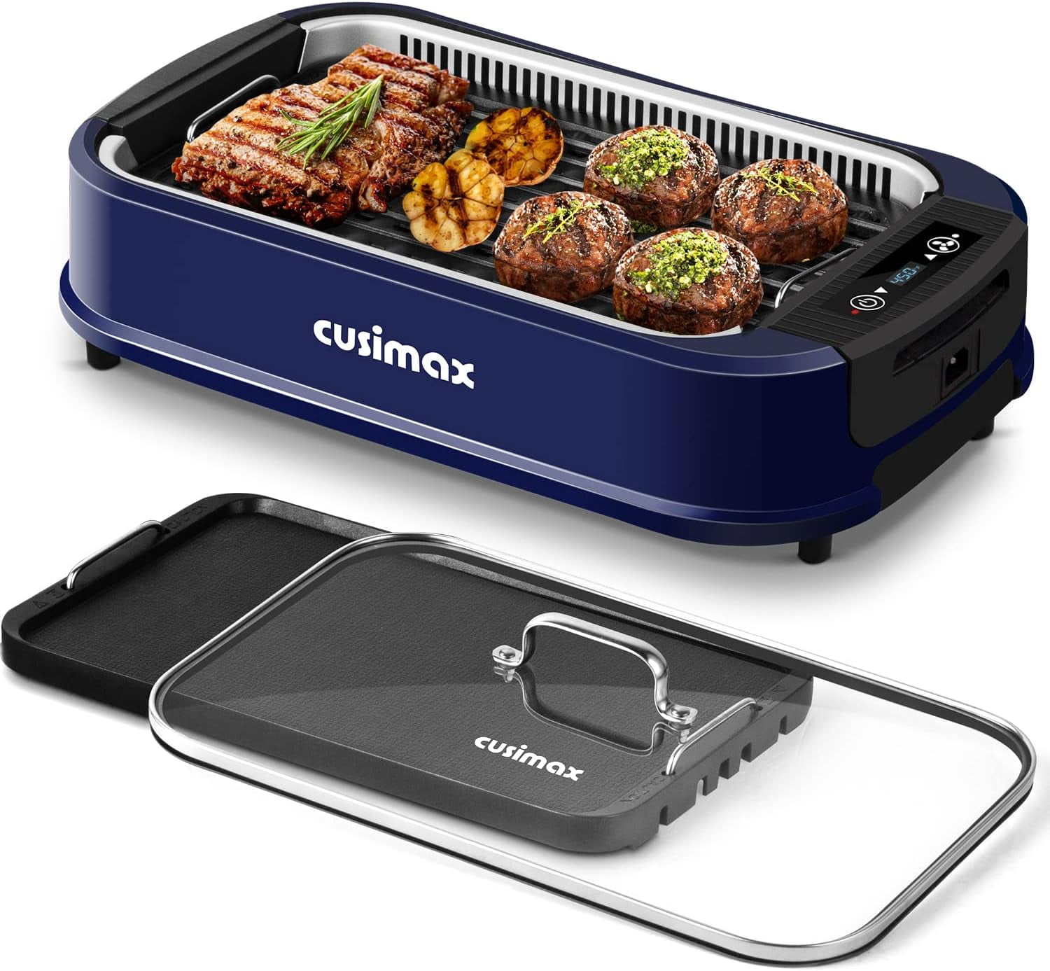 Cusimax 1500W Indoor Electric BBQ Grill, LED Display, Glass Lid, Non ...