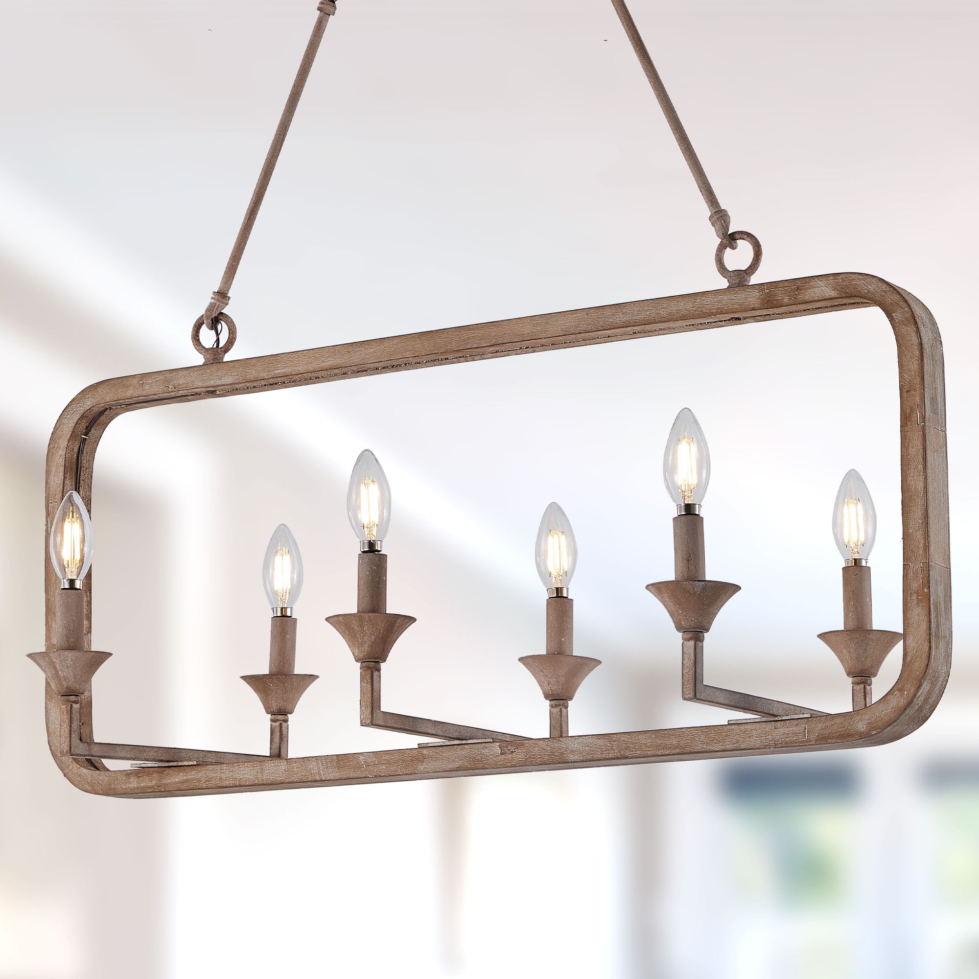 Cusp Barn 4-Light Farmhouse Wood Rectangle Frame Pendant Light, Rustic ...